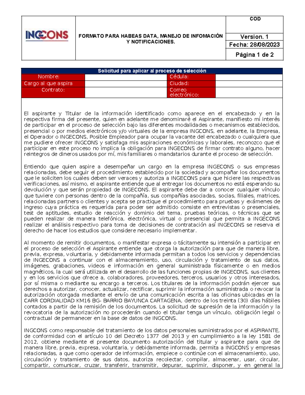 Formato Habeas DATA - SST - FORMATO PARA HABEAS DATA, MANEJO DE ...