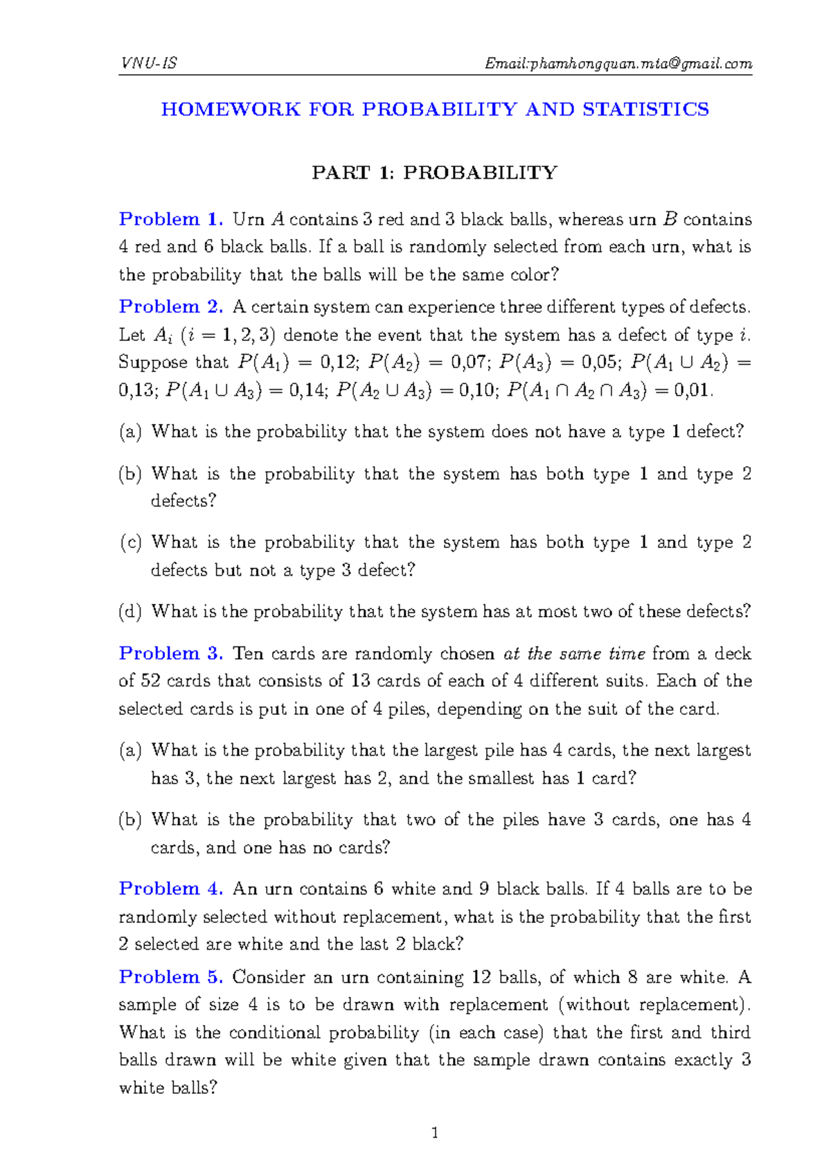 Homework for Probability and Statistics (Part 1: Probability) - Studocu