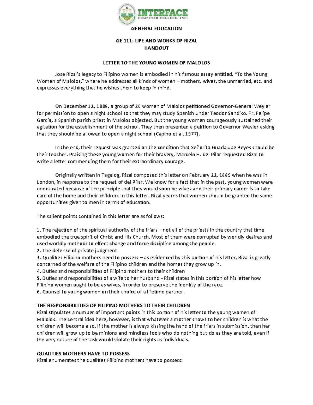 GE 111: Letter to the Young Women of Malolos - Rizal's Legacy - Studocu