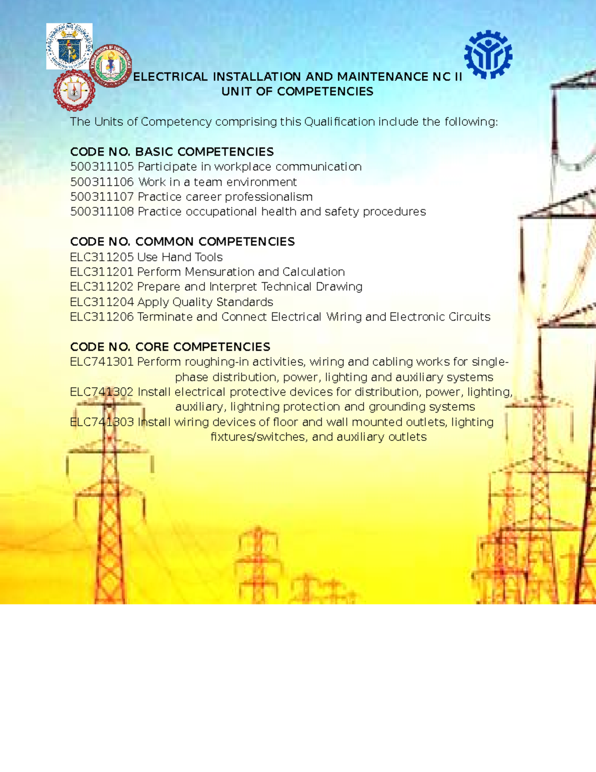 Electrical Installation and Maintenance NC II: Unit Competencies Guide ...