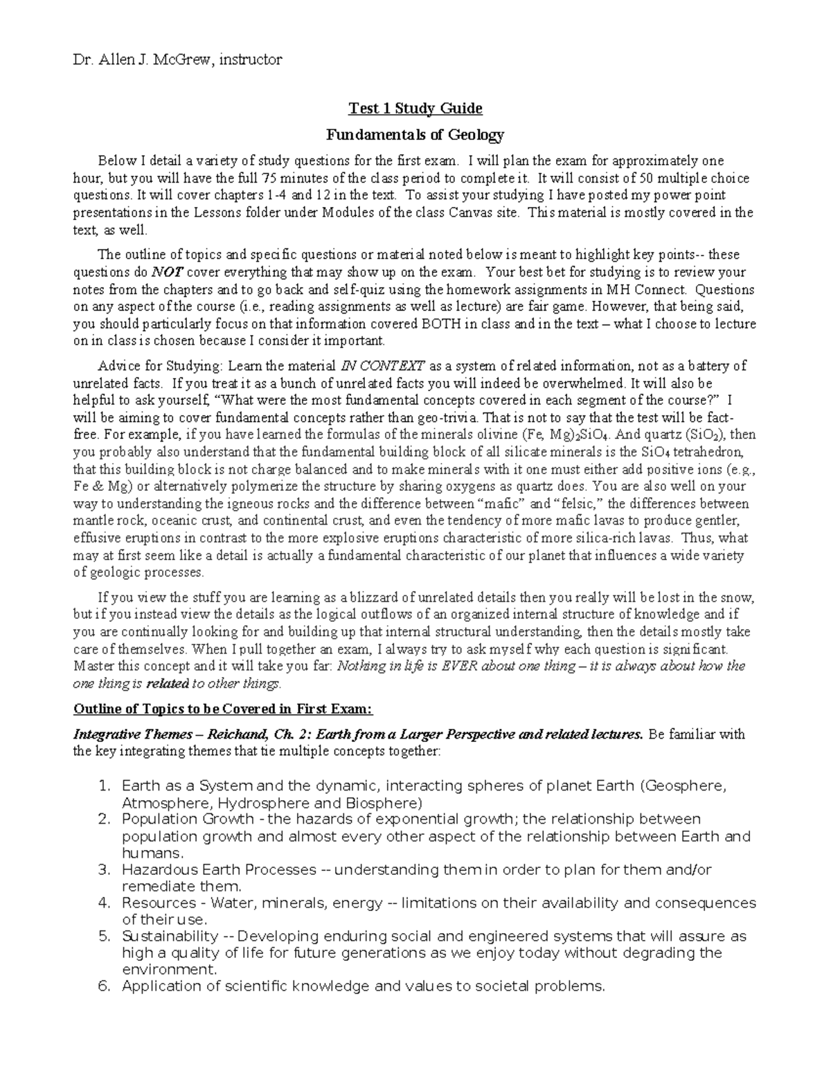 Fundamentals of Geology: Test 1 Study Guide by Dr. Allen J. McGrew ...