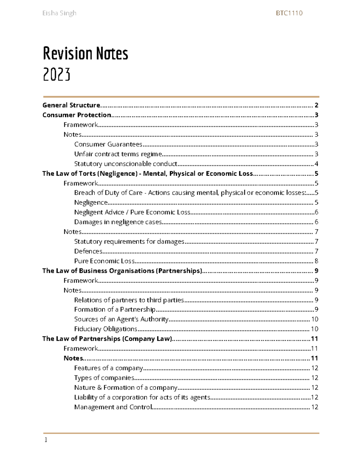 BTC 2023 Exam Notes: Consumer Protection, Torts, and Partnerships - Studocu