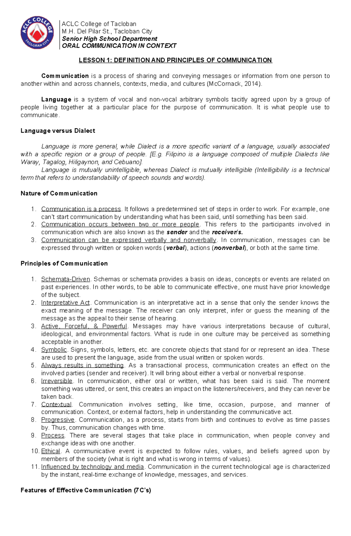 Oral Communication in Context Lesson 1 Study Guide - ACLC College of ...