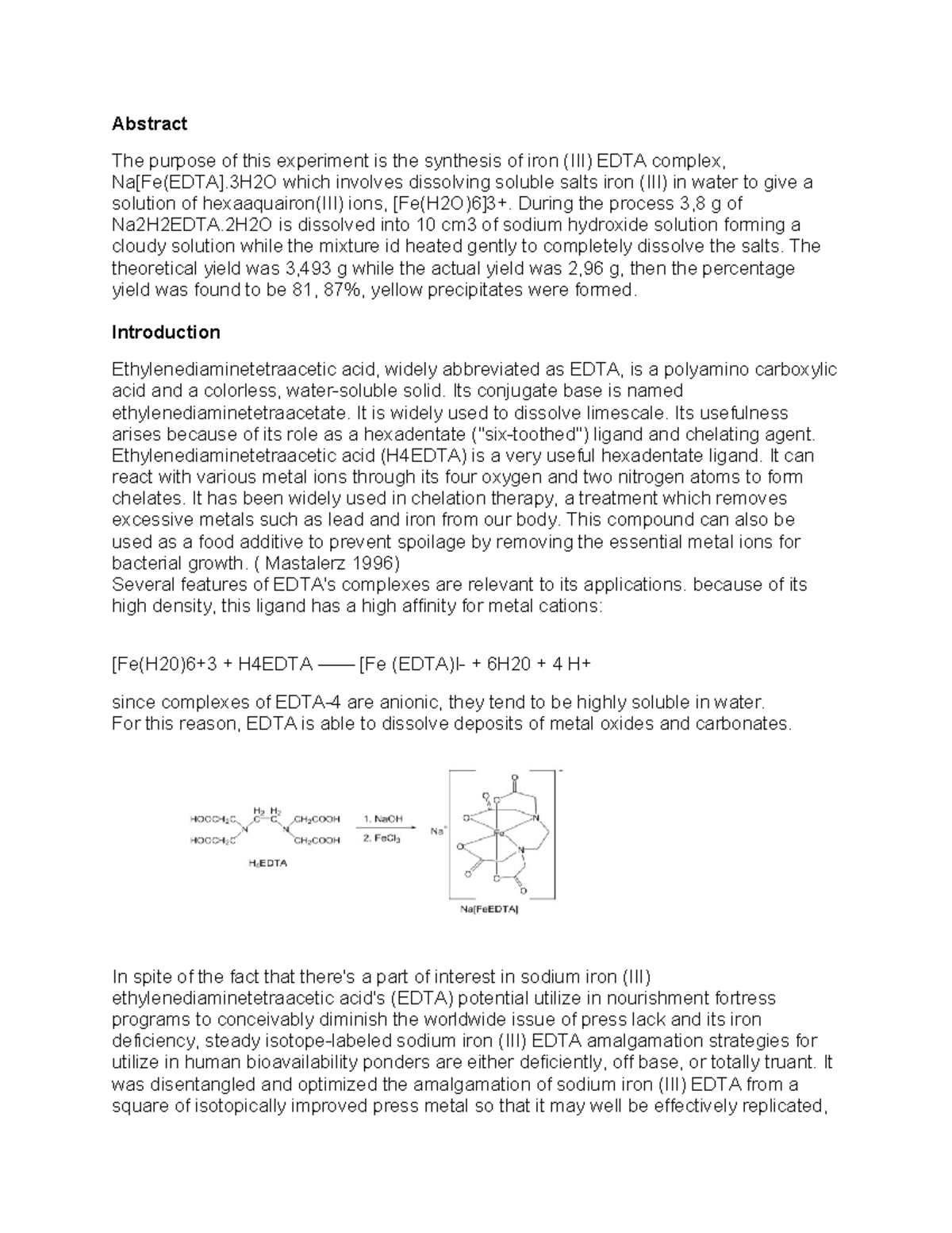 Experiment 5: Synthesis of Iron(III) EDTA Complex (SCHB 021) - Studocu