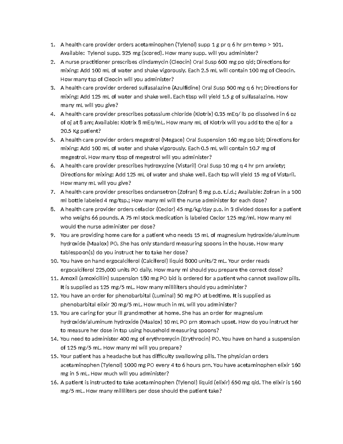 Dosage Calculations Worksheet for Medications: Practice Problems - Studocu