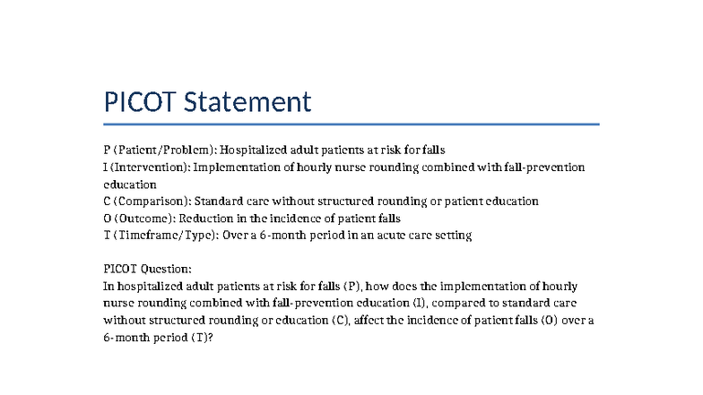 Picot Statement - Lecture note - PICOT Statement P (Patient/Problem ...