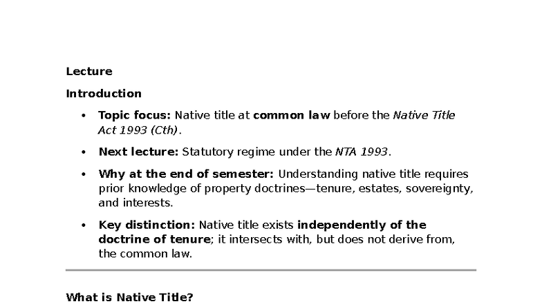 Lecture Topic 10: Native Title at Common Law Pre-Native Title Act 1993 ...