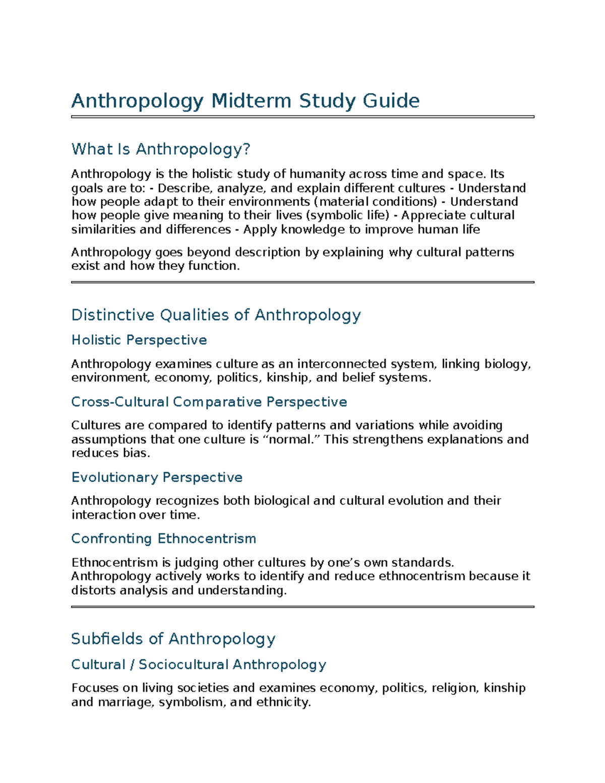 Anthropology Midterm Study Guide: Understanding Culture and Humanity ...