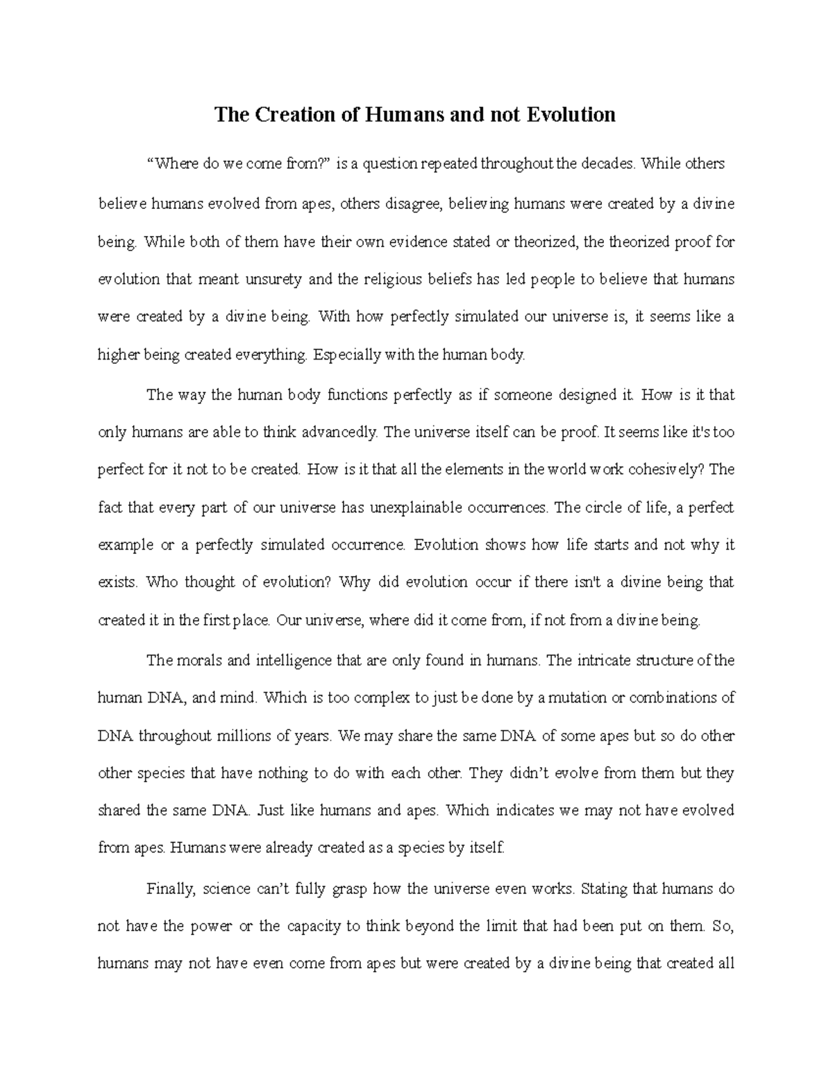 The Creation of Humans vs. Evolution: A Divine Perspective - Studocu