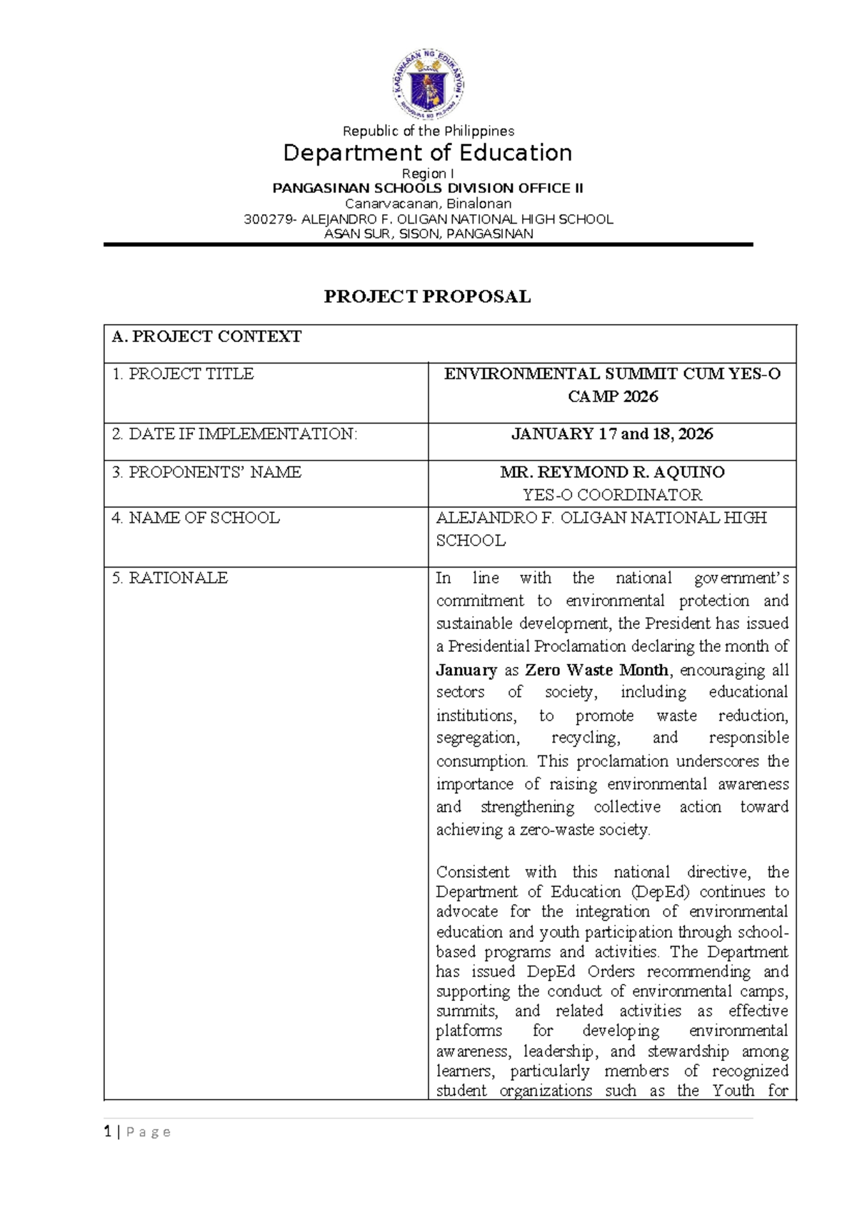 Project Proposal: YES-O Camp & Environmental Summit 2026 - Studocu