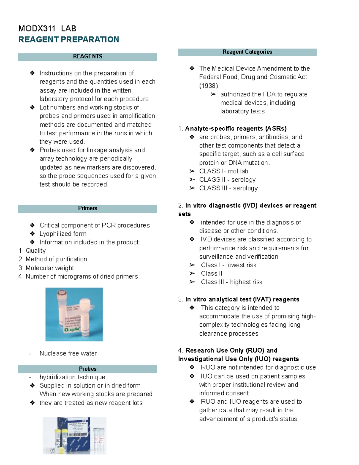 MODX311 Lab: Reagent Preparation and Protocols for Assays - Studocu
