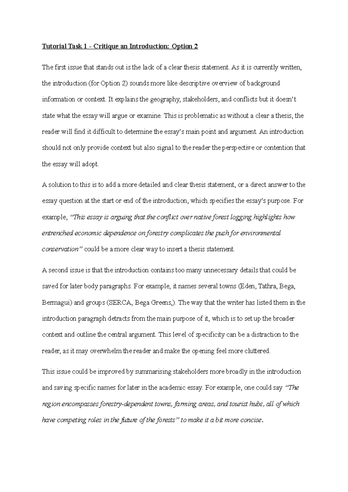 Tutorial Task 1: Critique of Introduction for Option 2 - Studocu