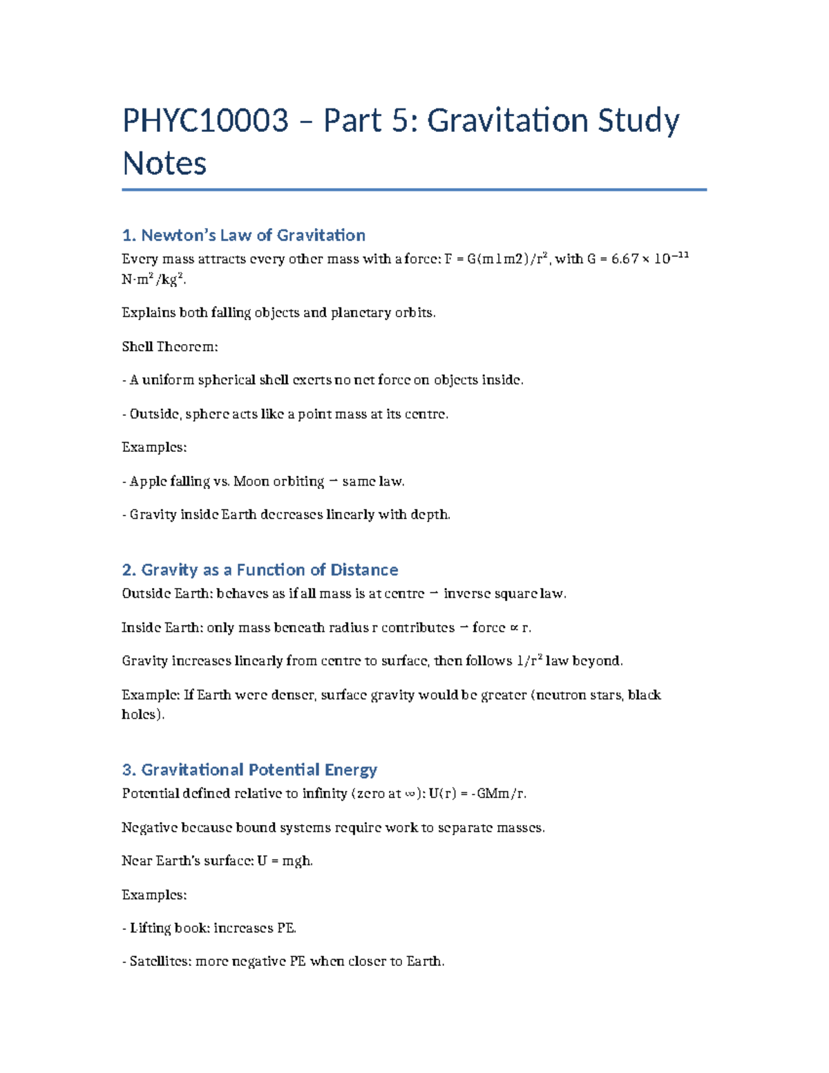 PHYC10003 Gravitation Study Notes: Key Concepts and Laws - Studocu