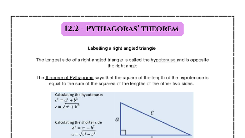 Maths notes 2 - 12 - Pythagoras’ theorem Labelling a right angled ...