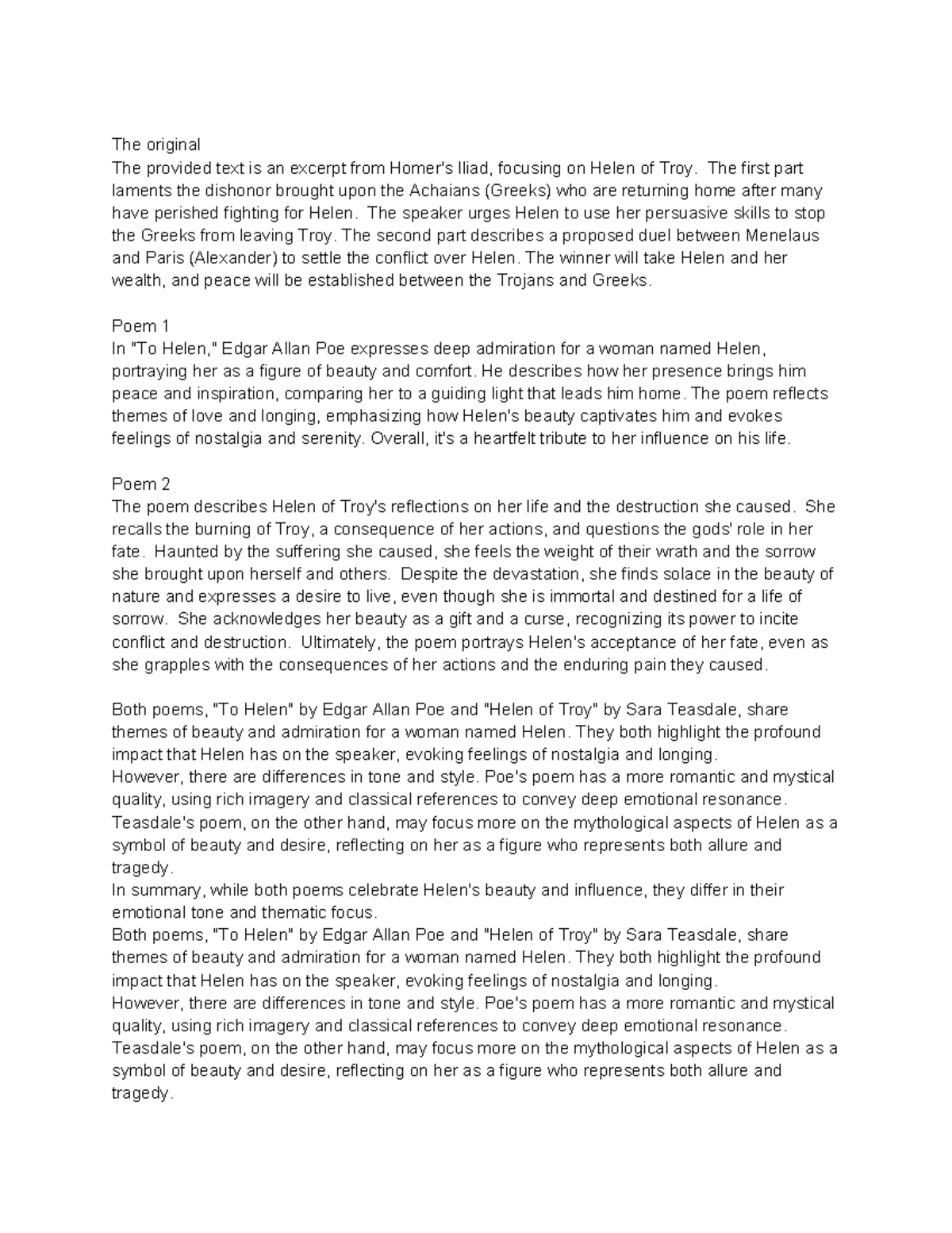 Analysis of Helen of Troy in Poetry: Insights from Poe & Teasdale - Studocu