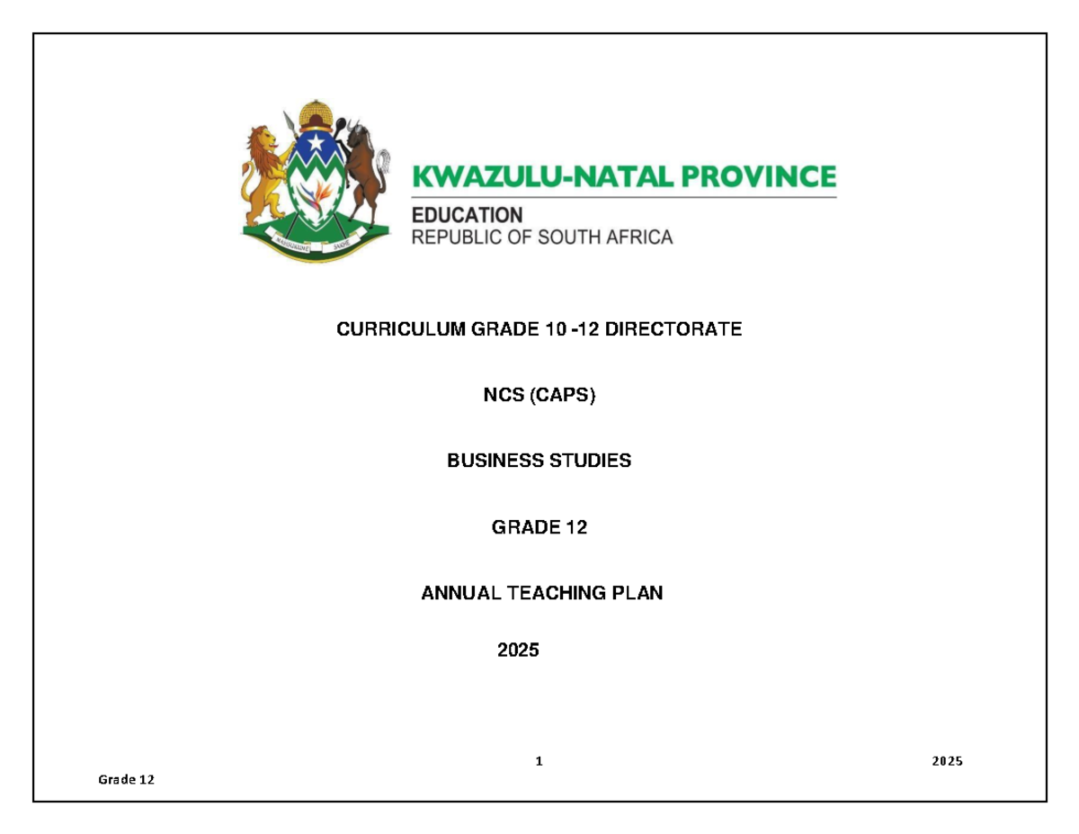 2025 BSTD GR 12 Annual Teaching Plan for Business Studies - Studocu