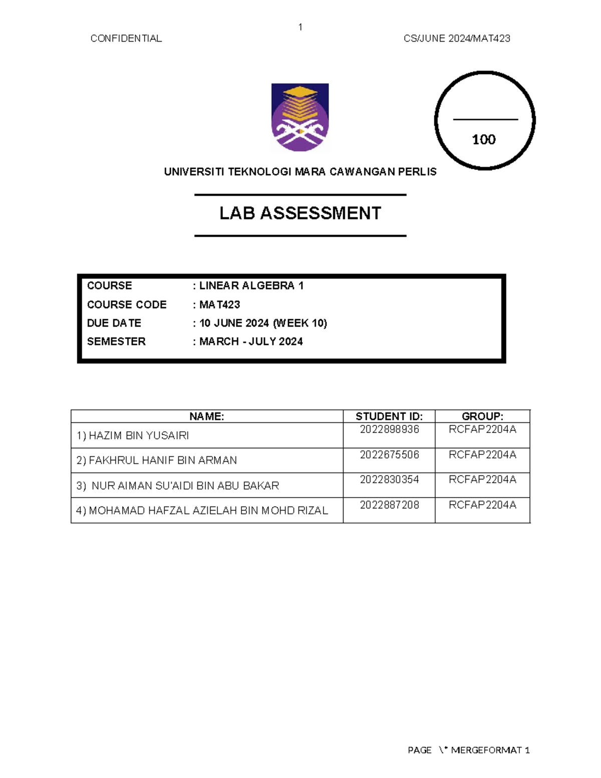 LAB MAT423 20224-1 - Linear Algebra 1 Assessment using Maple - Studocu