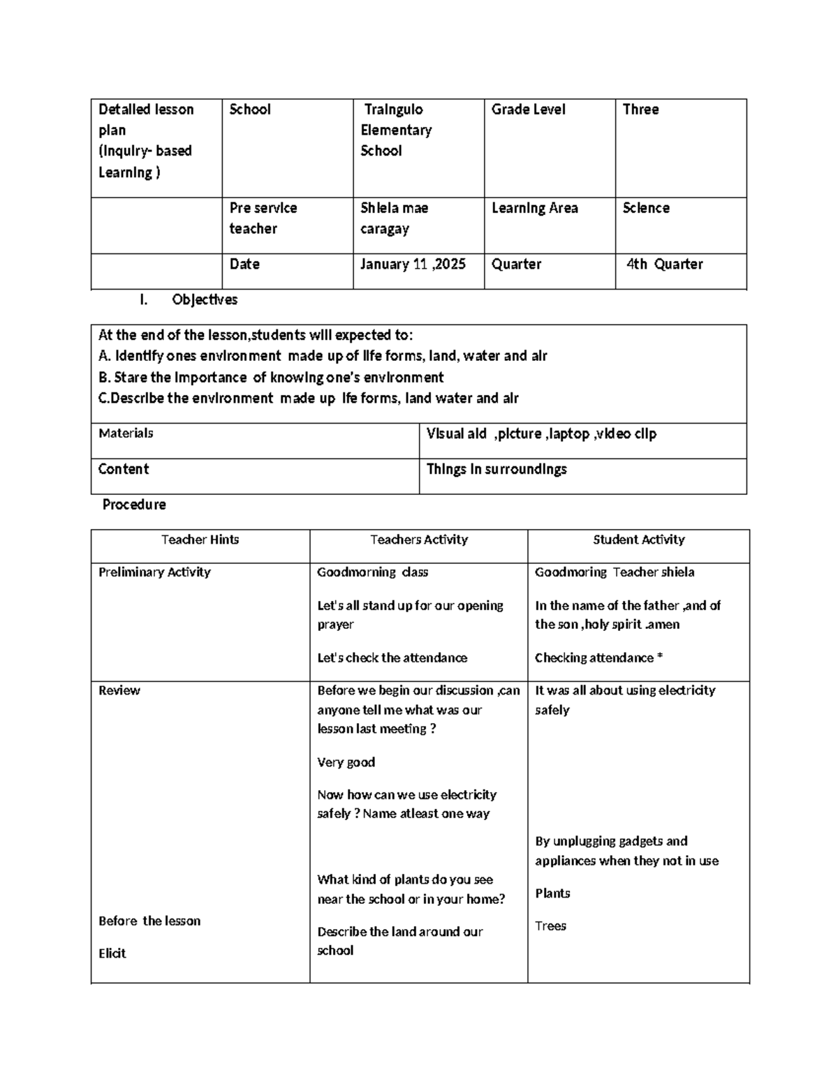 Learning Area: Science Lesson Plan for Grade 3 - Inquiry-Based Approach ...