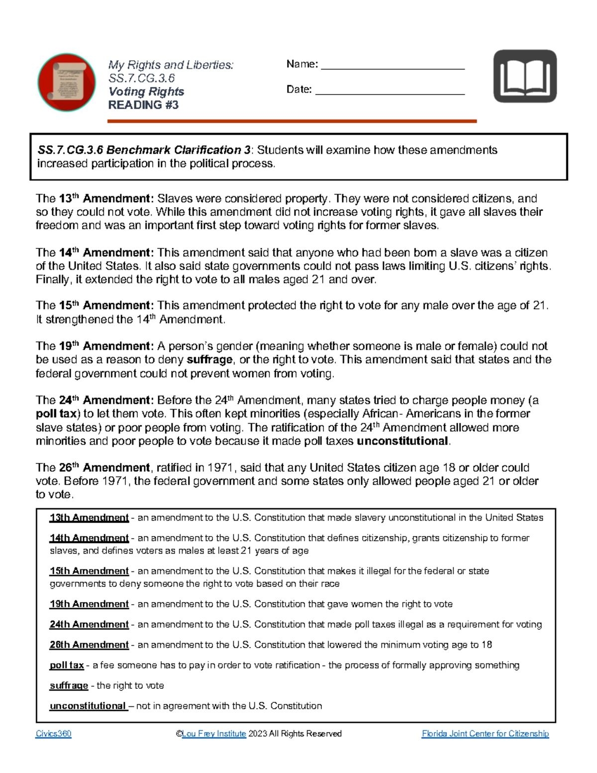 Voting Rights Amendments: Enhancing Political Participation (SS.7.CG.3. ...