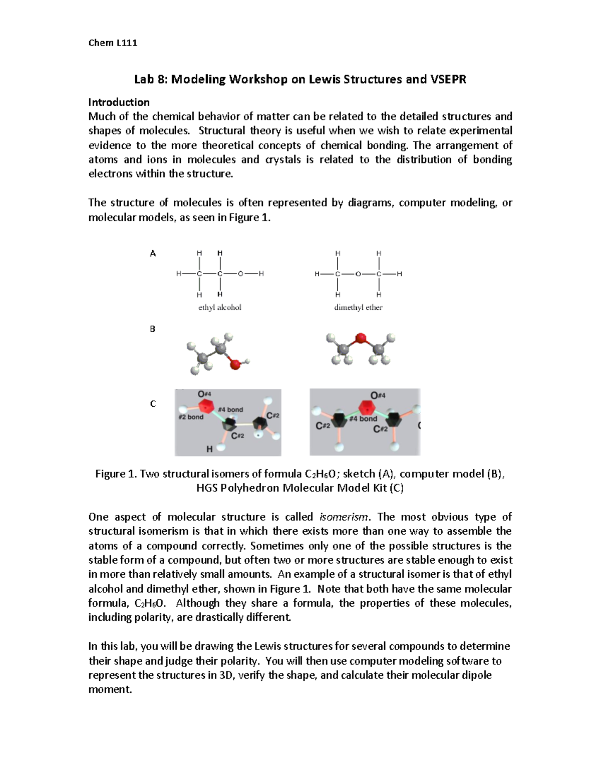 8 Modeling Handout - Lab 8: Modeling Workshop on Lewis Structures and ...
