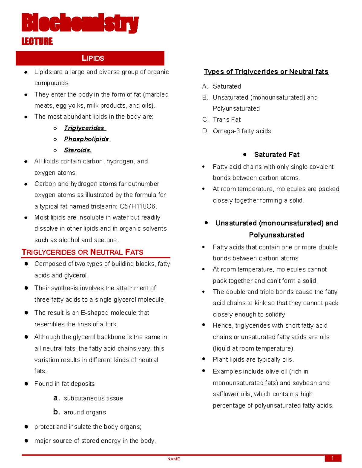 Lipids Lecture Notes - BIOCHEM 101 - Studocu