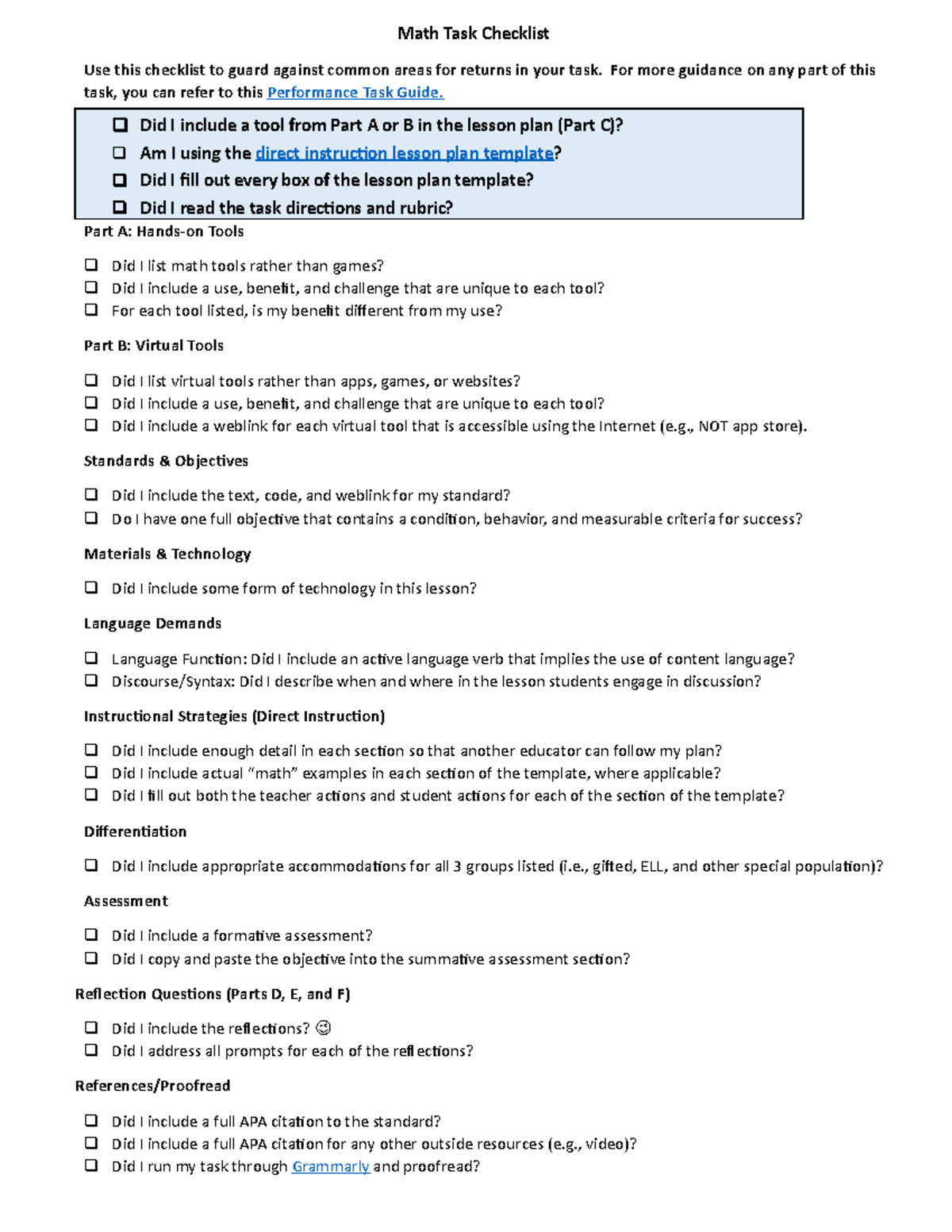 Math Task Checklist for Performance Task Preparation - Studocu