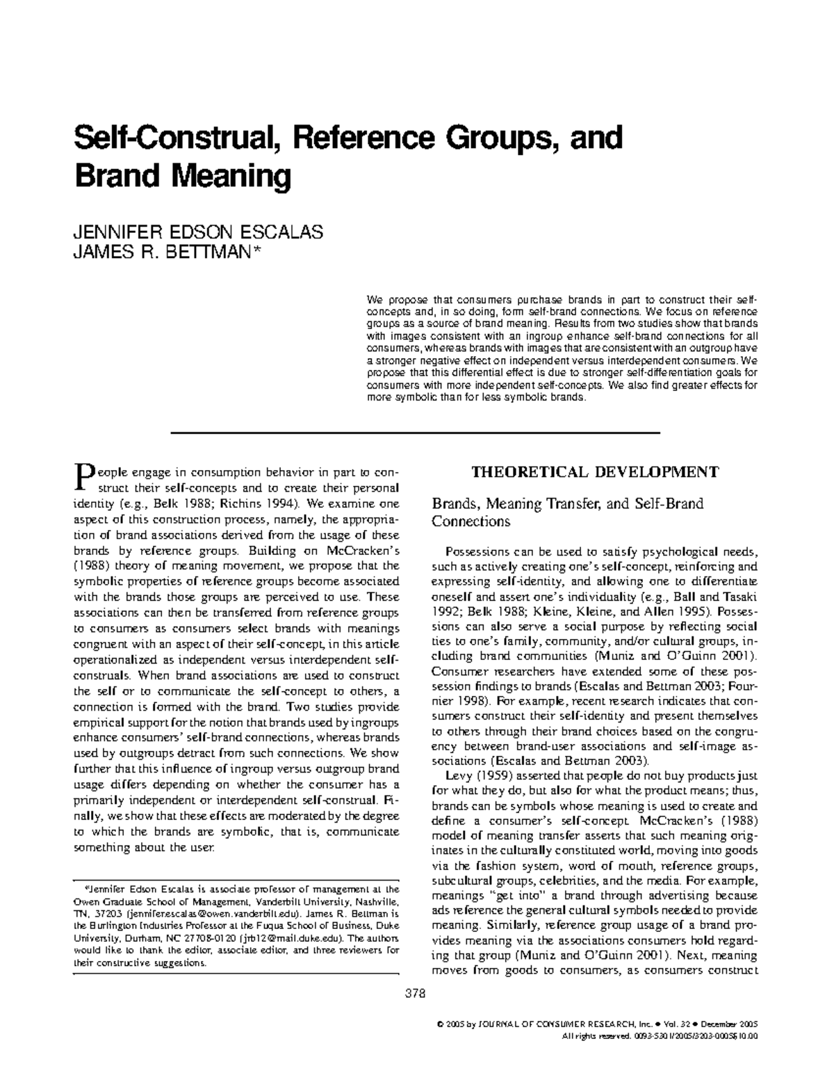Self-Construal, Reference Groups, and Brand Meaning - Studocu