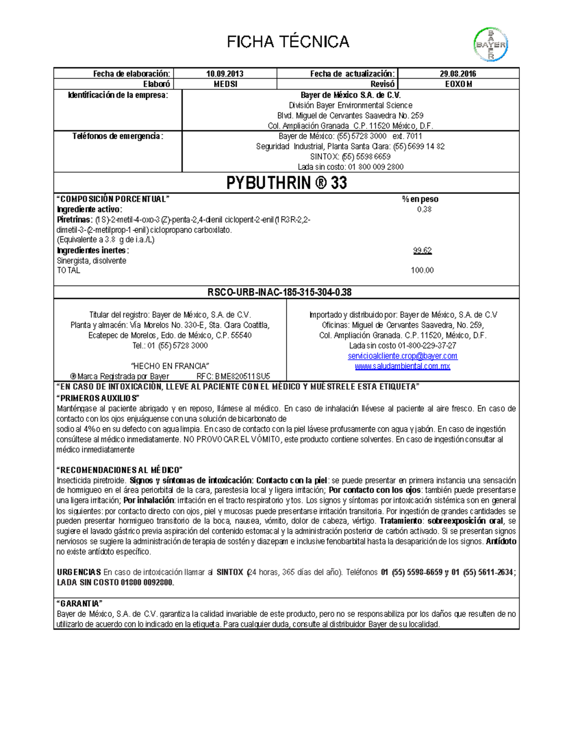 Ficha Técnica de Aplicación de Pybuthrin 33 (2020) - Studocu