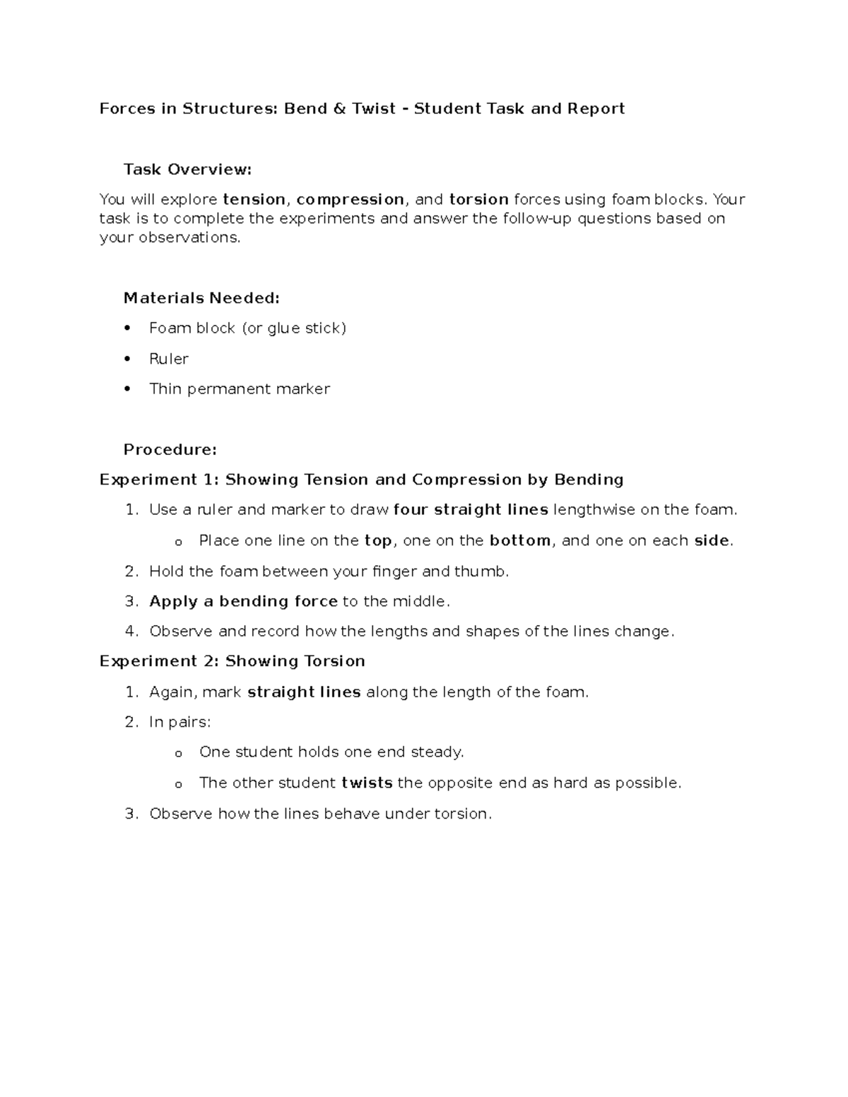 Forces in Structures: Bend & Twist Experiment Report - Studocu