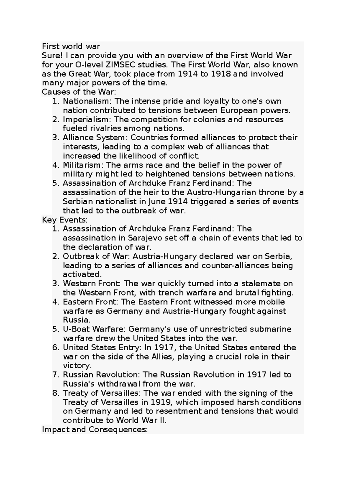 ZIMSEC O-Level Final Exam Notes on the First World War - Studocu