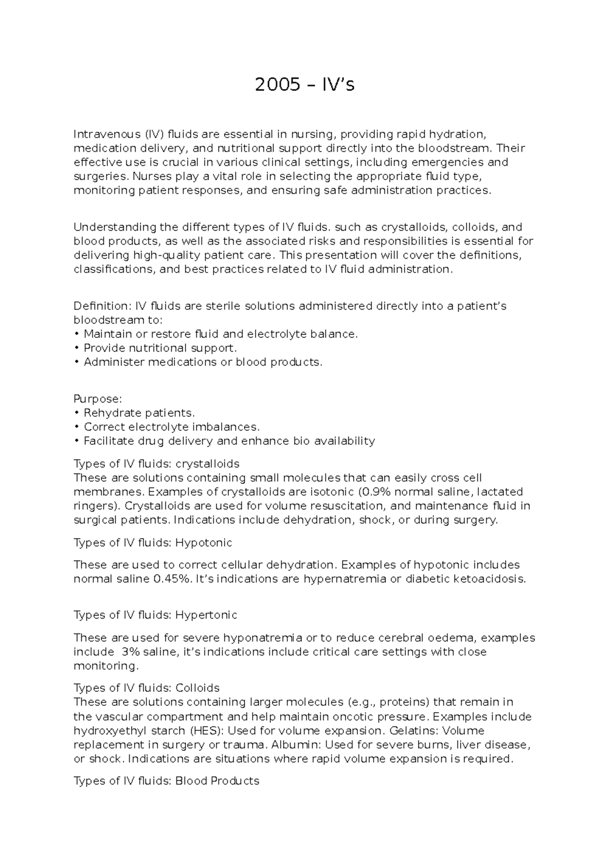 2005 - IV Fluids: Essential Nursing Practices and Best Guidelines - Studocu