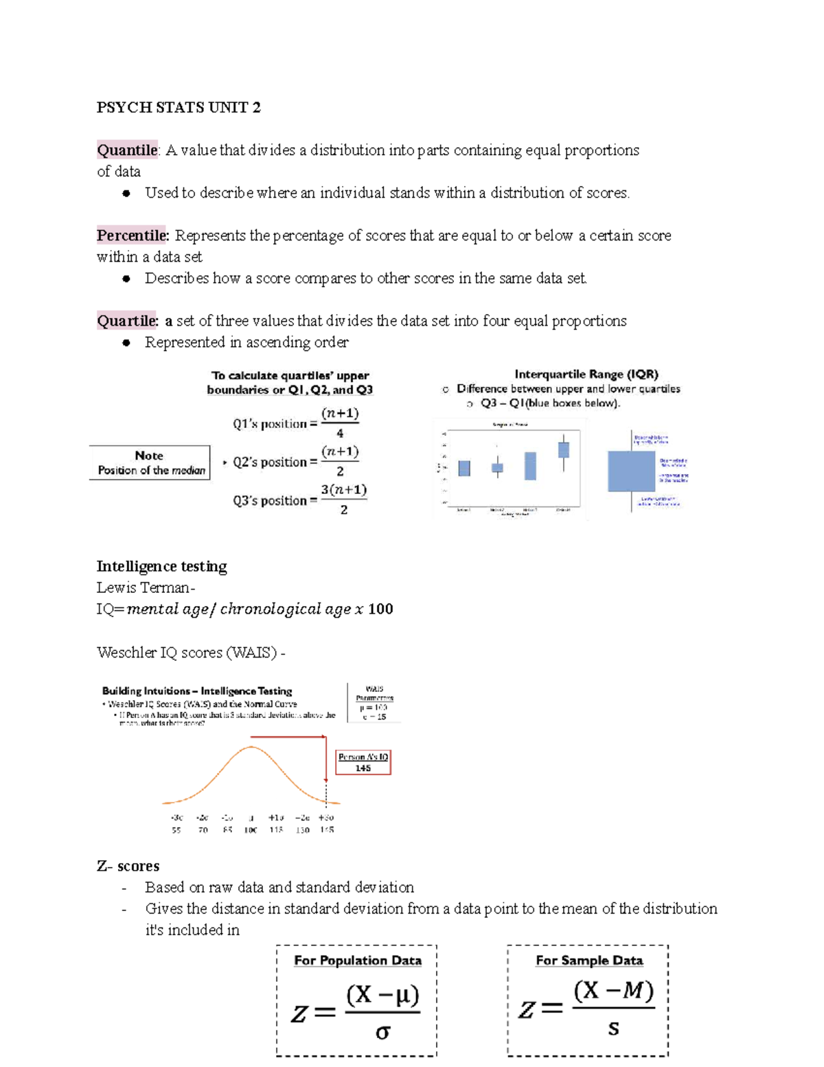 PSYCH STATS 2 - Exam Review: Quantiles, Probability & Distributions ...