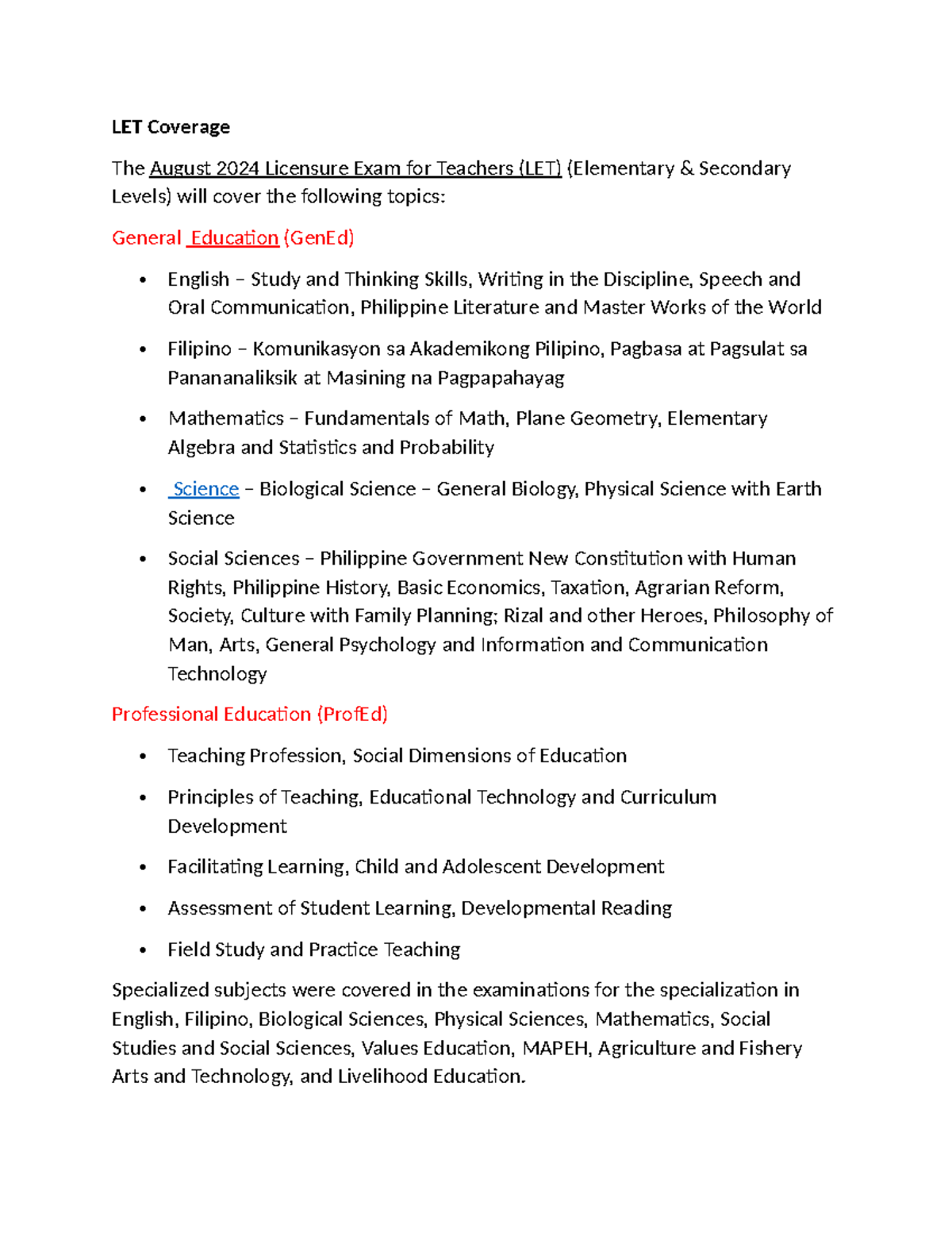 LET Coverage for the August 2024 Licensure Exam for Teachers - Studocu