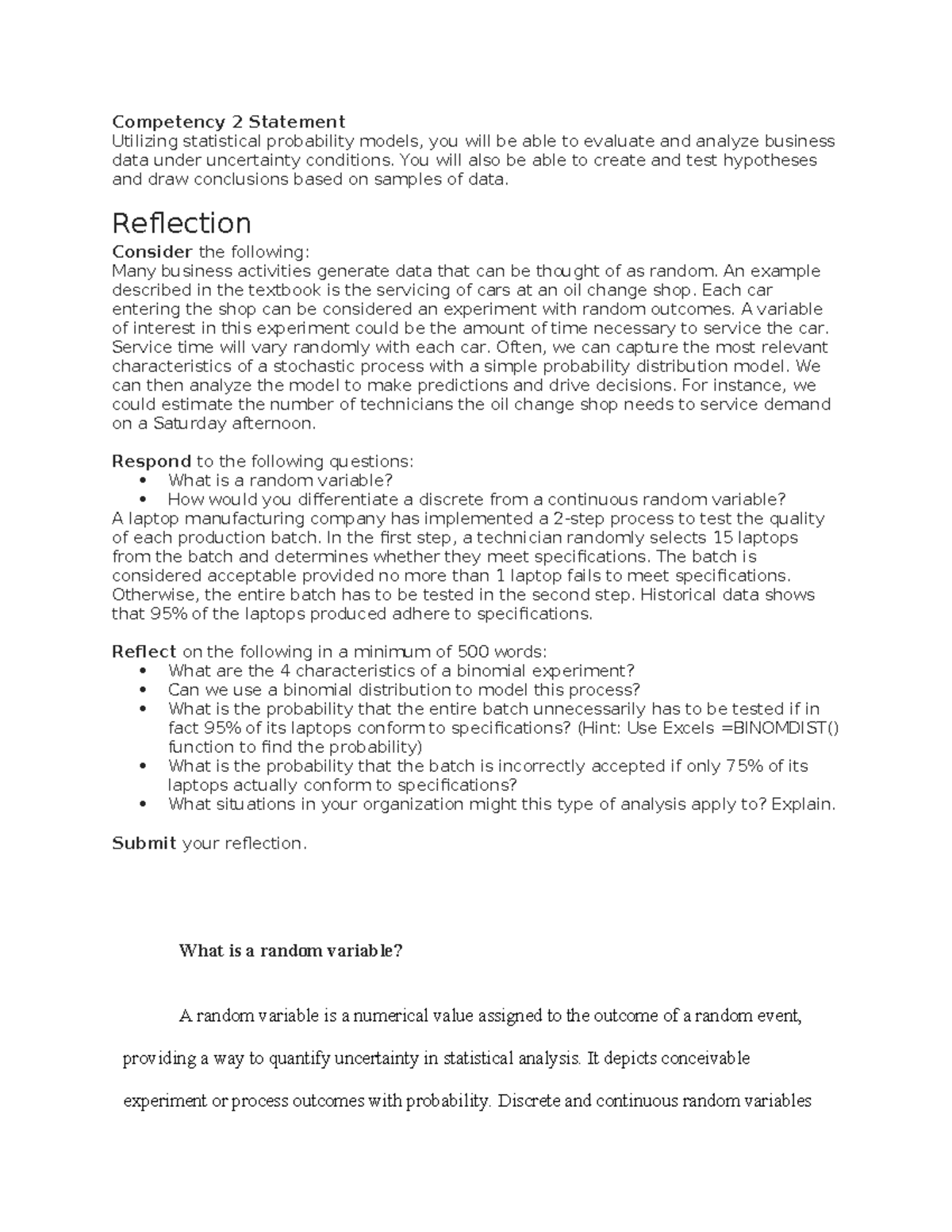 DATCB 565 Competency 2 Reflection on Statistical Probability Models - Studocu