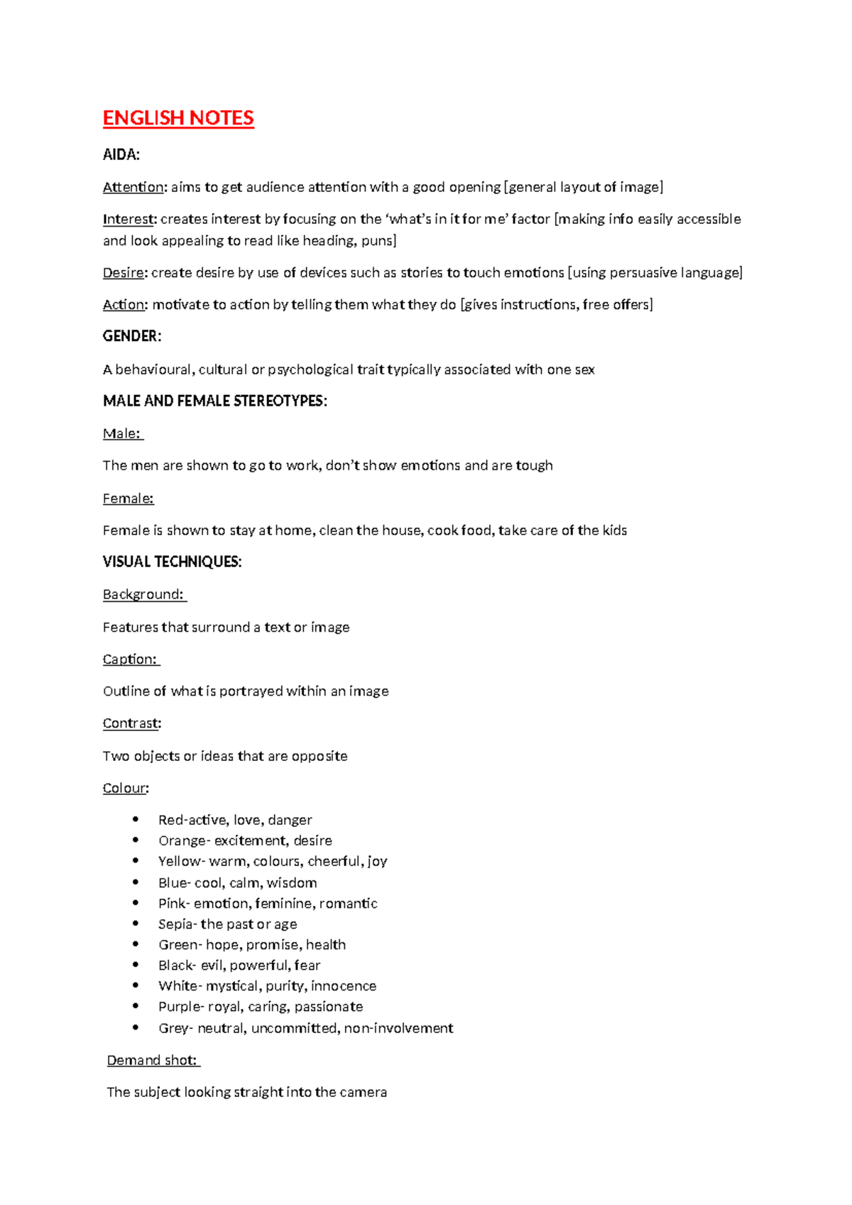 English Notes - very good - ENGLISH NOTES AIDA: Attention: aims to get ...