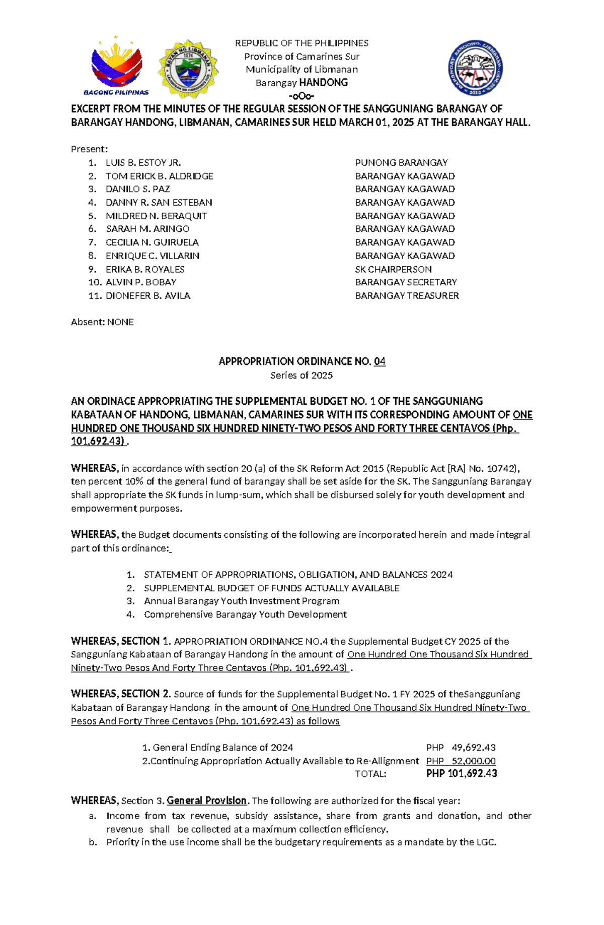 Appropriation Ordinance No. 04 for SK Handong, Libmanan (2025) - Studocu
