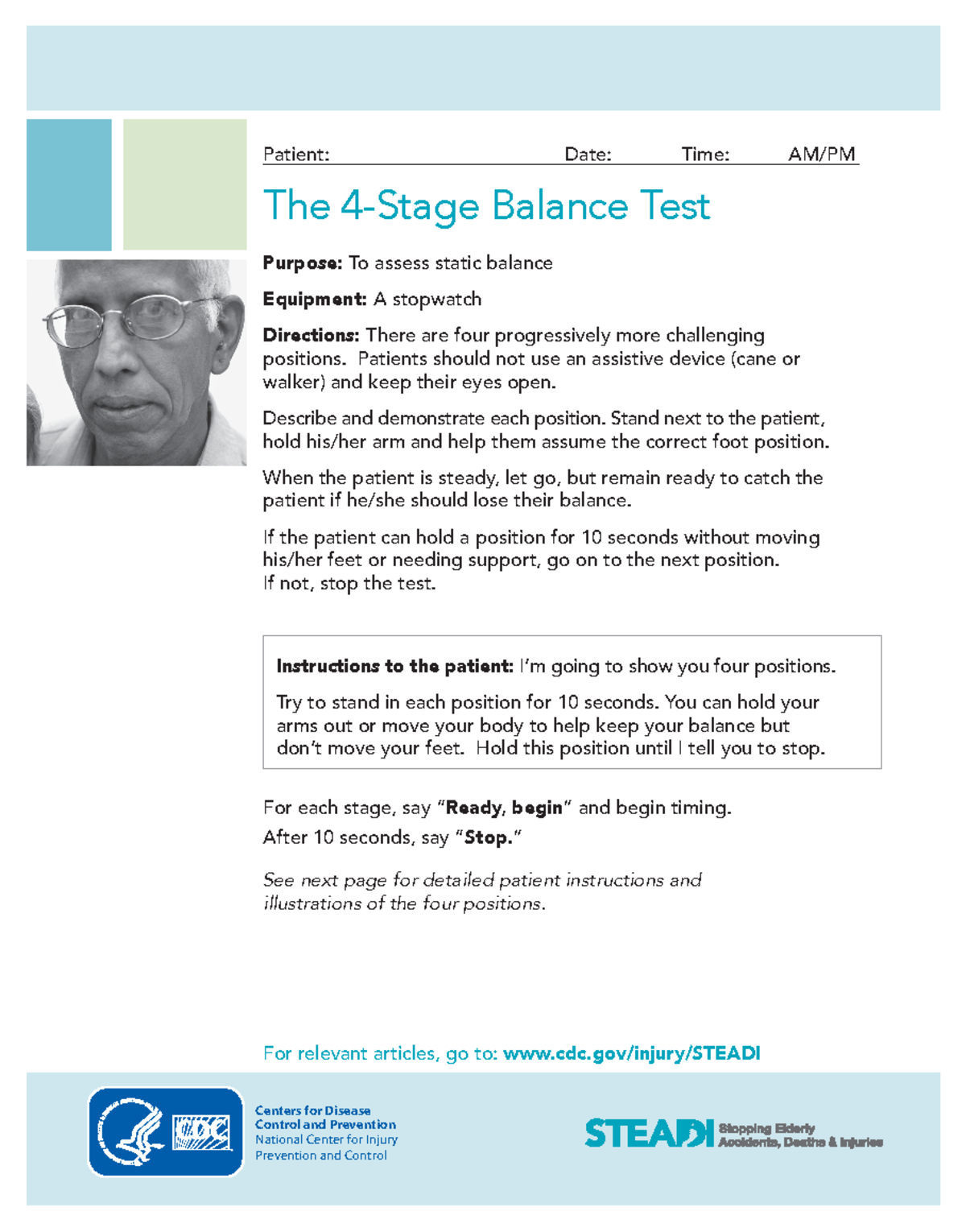 4-Stage Balance Test - Patient: Date: Time: AM/PM The 4-Stage Balance ...