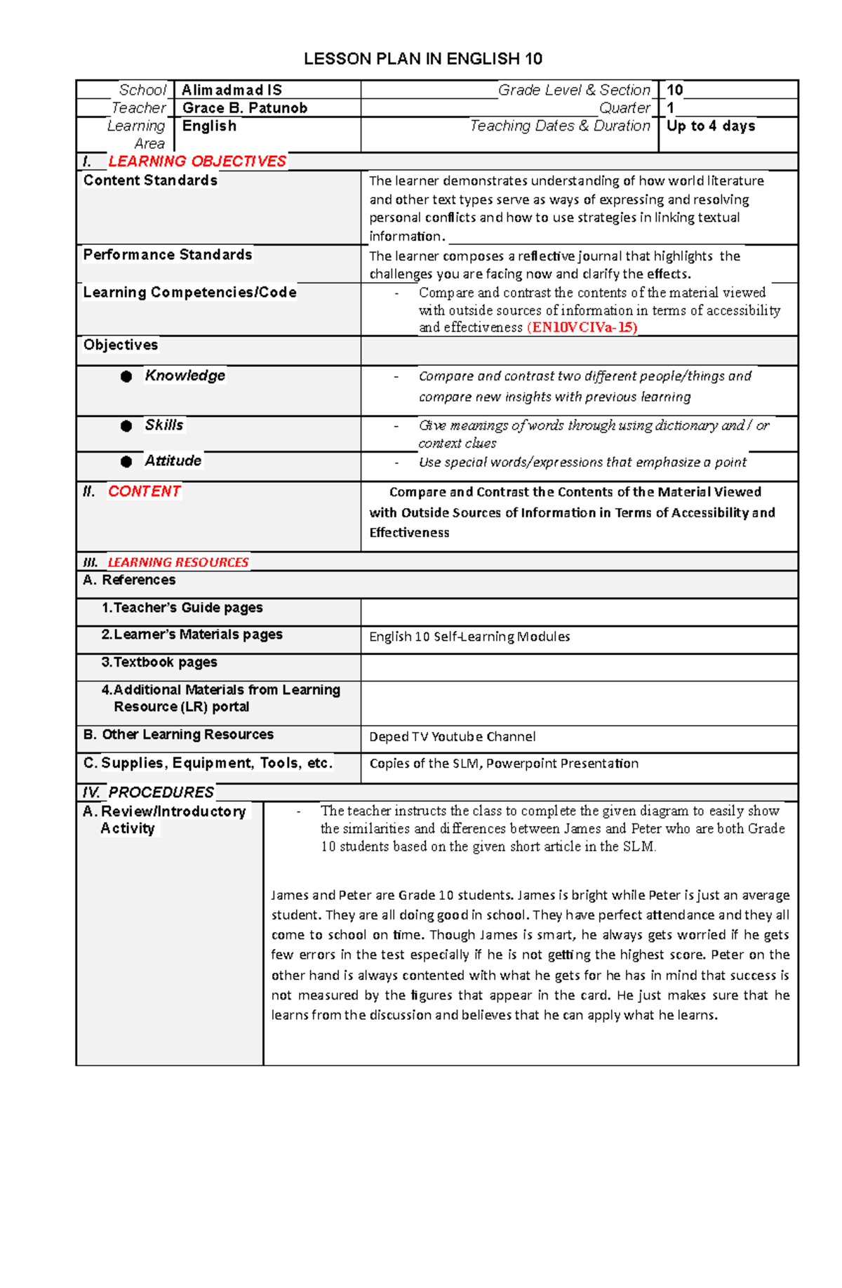 DLP-ENG-G10-Q1-MELC-4-WEEK 4 - LESSON PLAN IN ENGLISH 10 School Alimadmad IS Grade Level & - Studocu