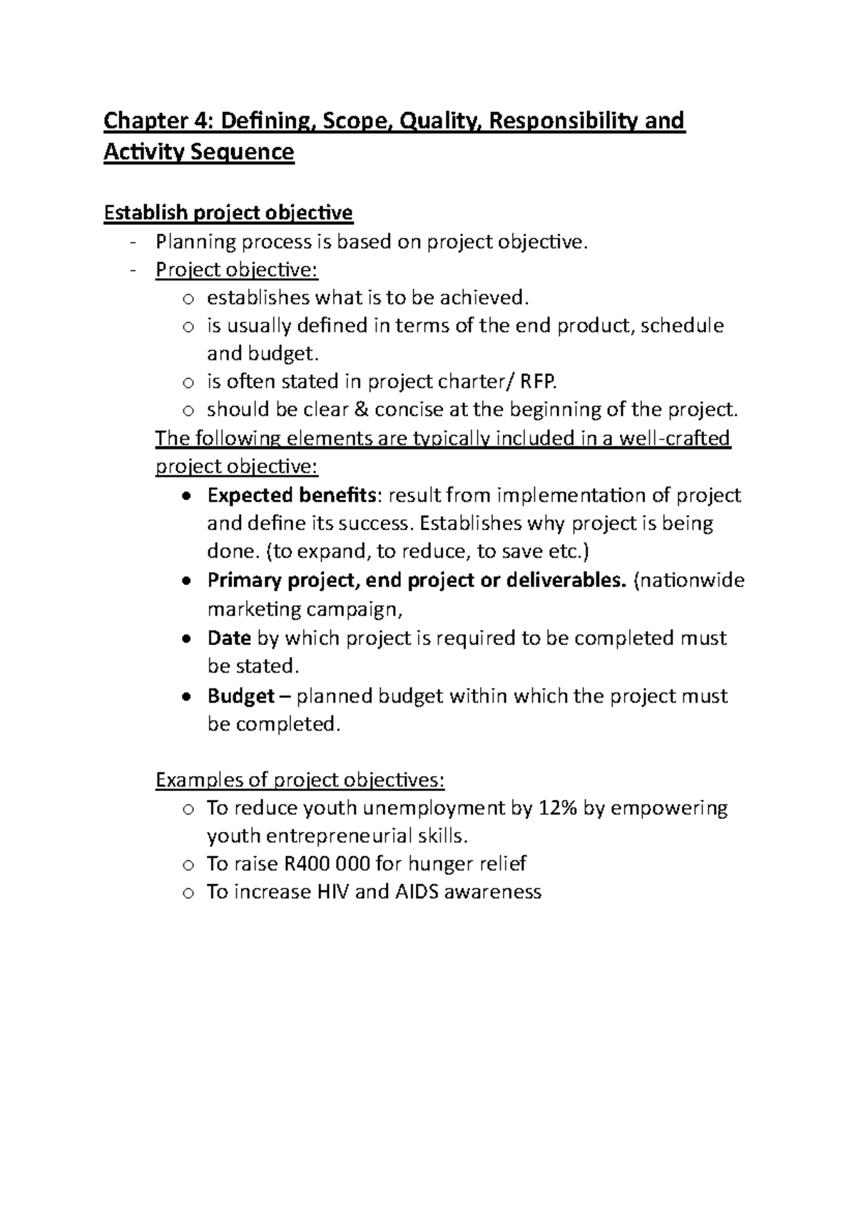 Project Management Ch 4: Defining Scope, Quality & Activity Sequence - Studocu