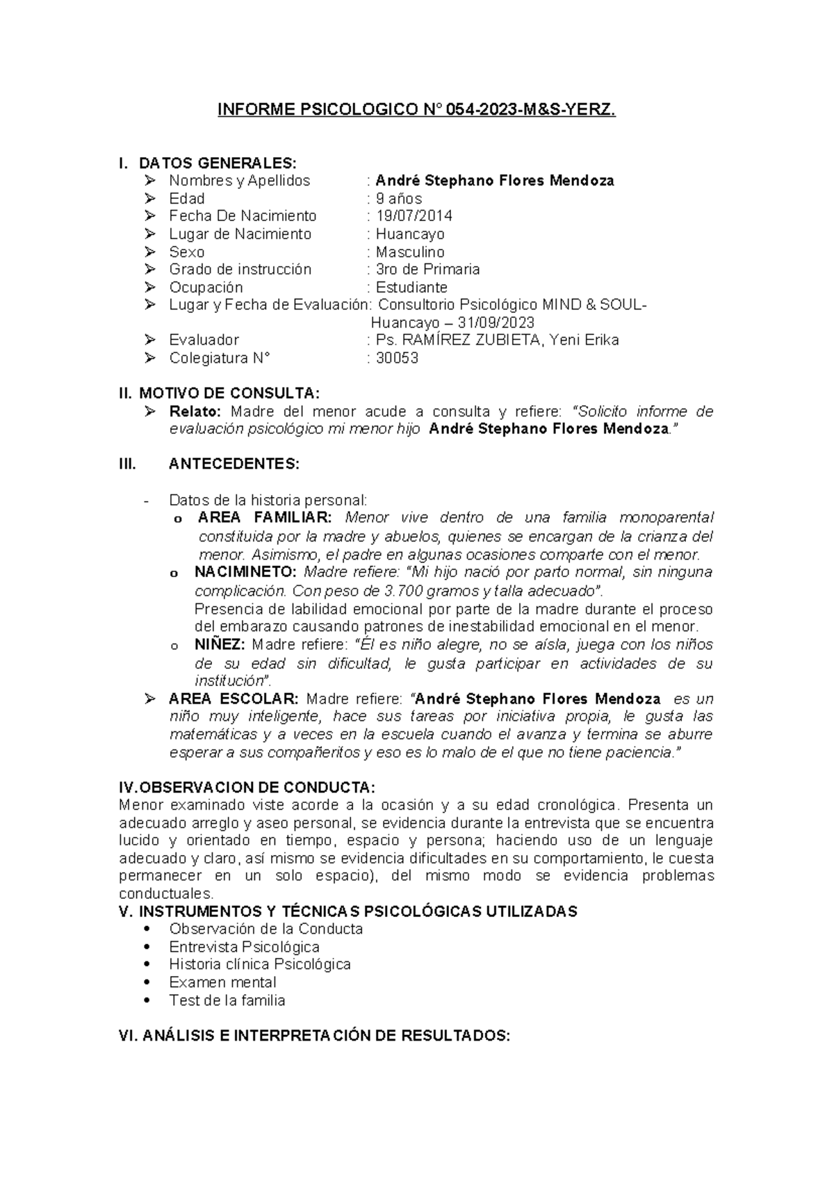 Informe Psicológico de André Stephano Flores Mendoza - 2023 - Studocu