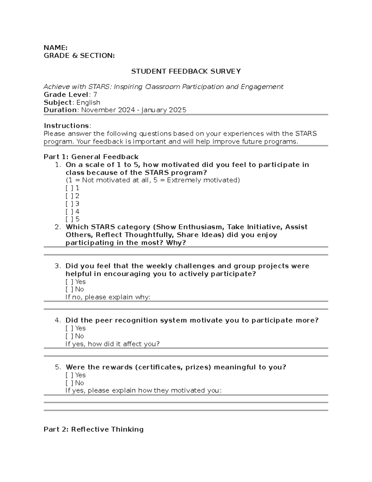 Student Feedback Survey Stars - NAME: GRADE & SECTION: STUDENT FEEDBACK ...