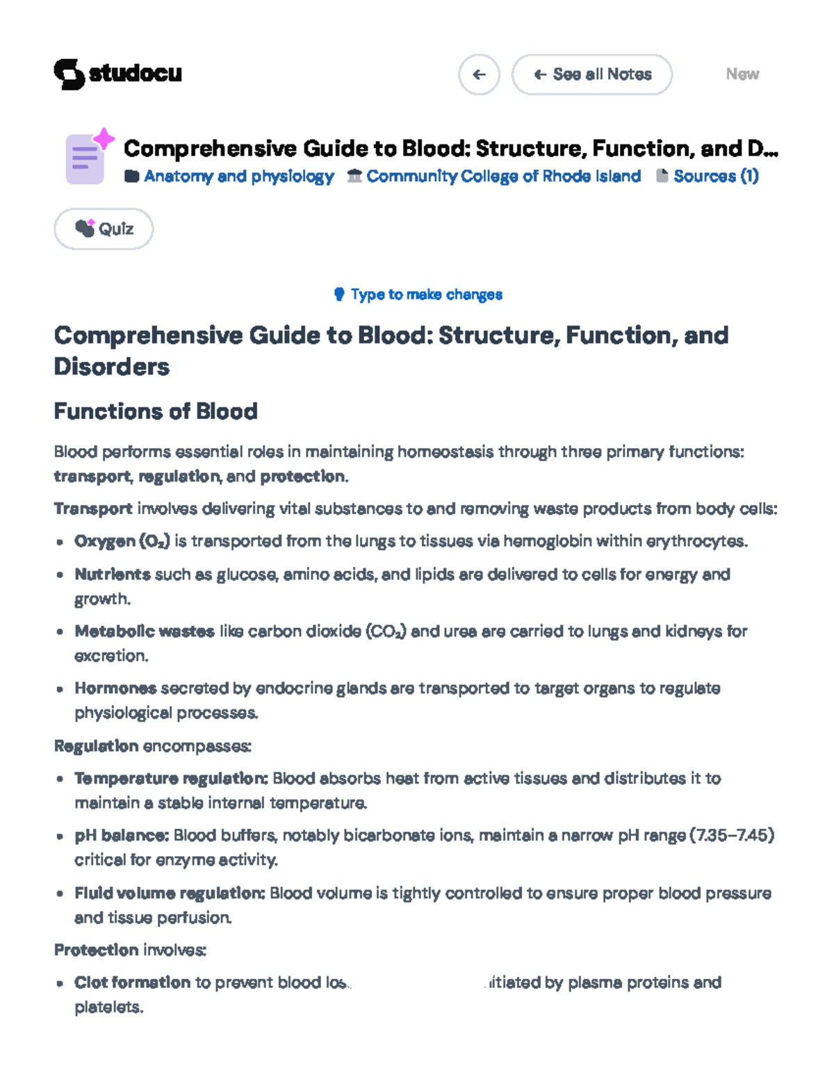 Ch. 17 Quiz Notes: Comprehensive Guide to Blood Functions & Disorders ...