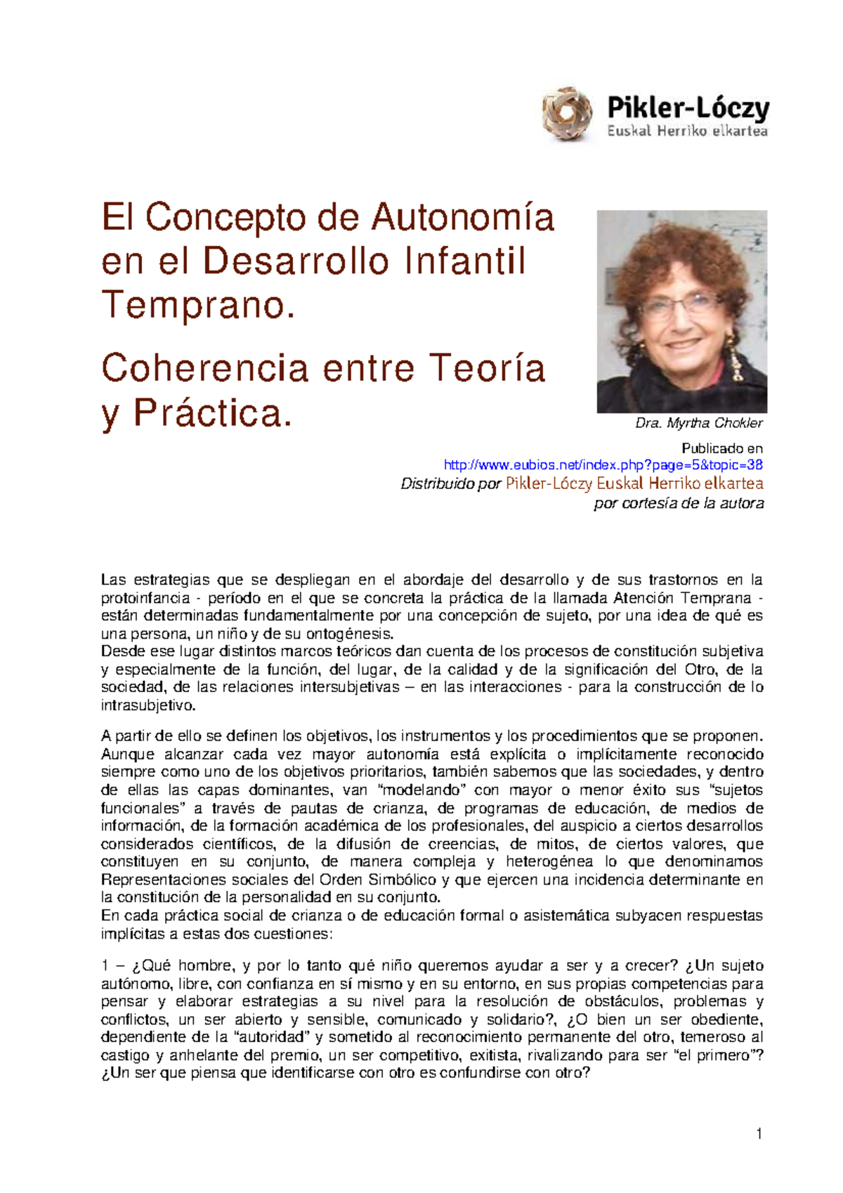 El concepto de autonomía en el desarrollo infantil (Dra. Myrtha Chokler ...