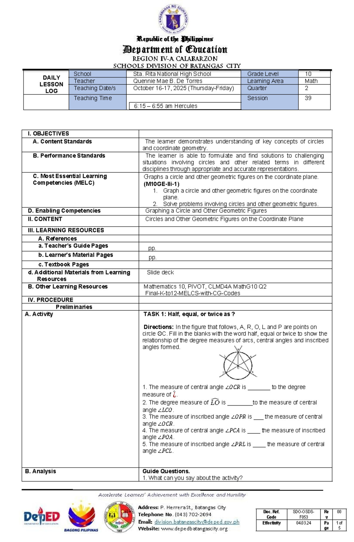 DAILY LESSON LOG: Math 10 - Circles & Geometric Figures - Studocu