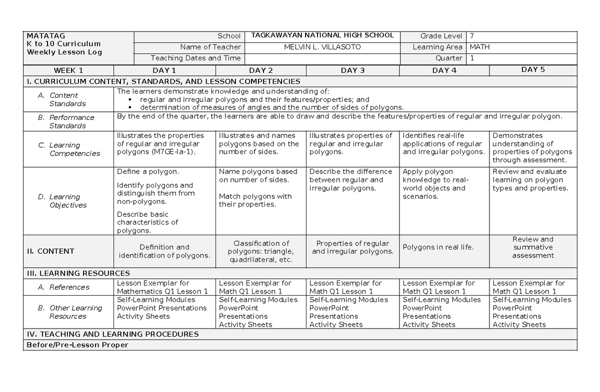 MATATAG K to 10 Math Grade 7 Week 1 Lesson Plan Q1 - Studocu