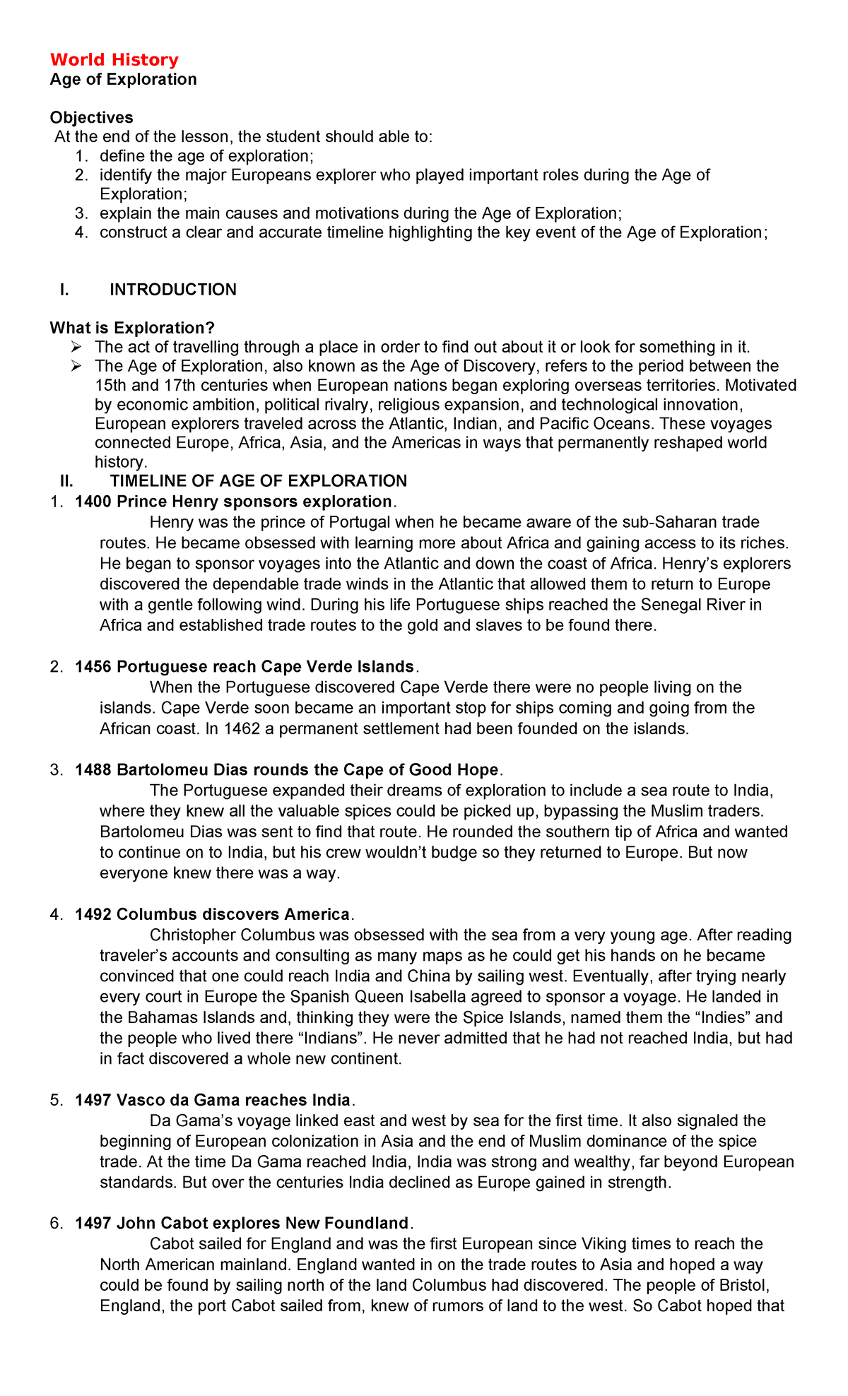 World History (HIST 101): Age of Exploration Overview and Timeline ...