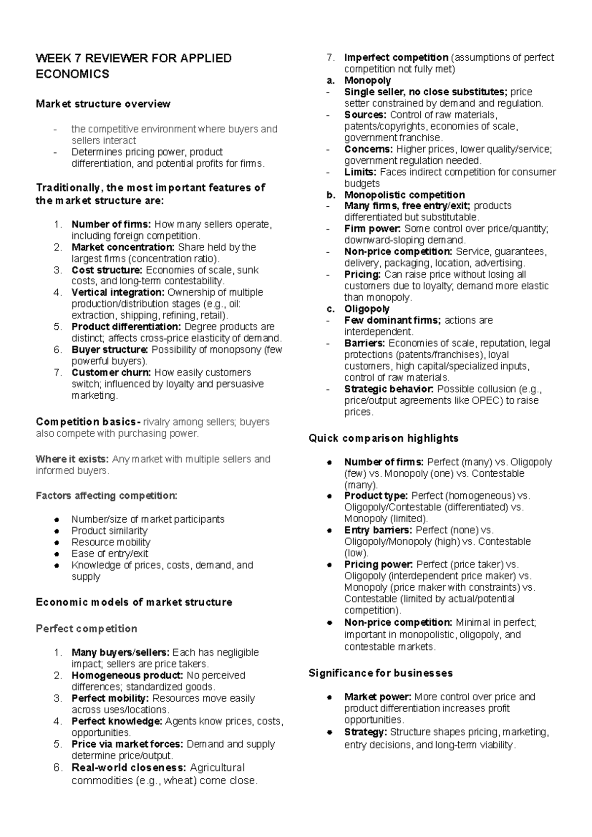 WEEK 7 REVIEWER FOR APPLIED ECONOMICS: Market Structure Insights - Studocu