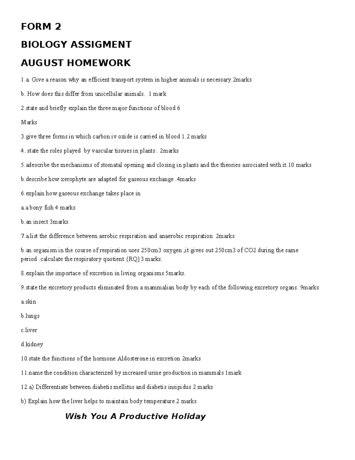 Biology F2 Assignment: Efficient Transport Systems & Gaseous Exchange ...