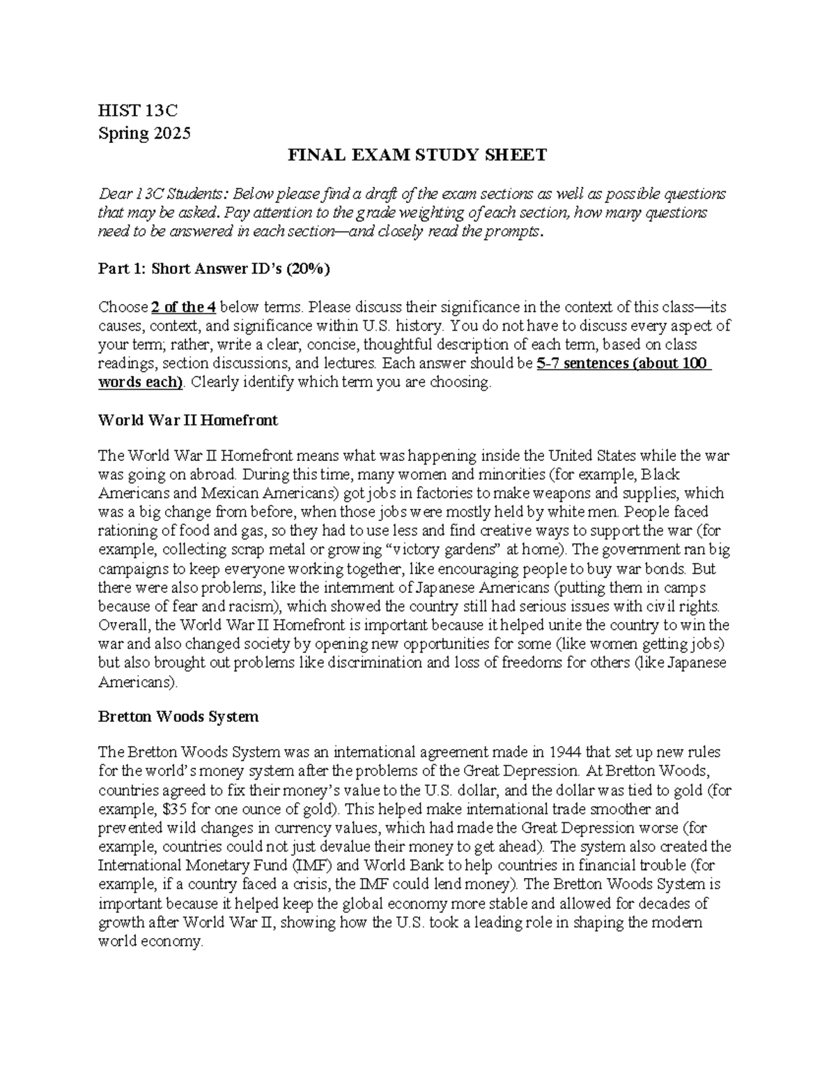 HIST 13C Spring 2025 Final Exam Study Guide - Studocu