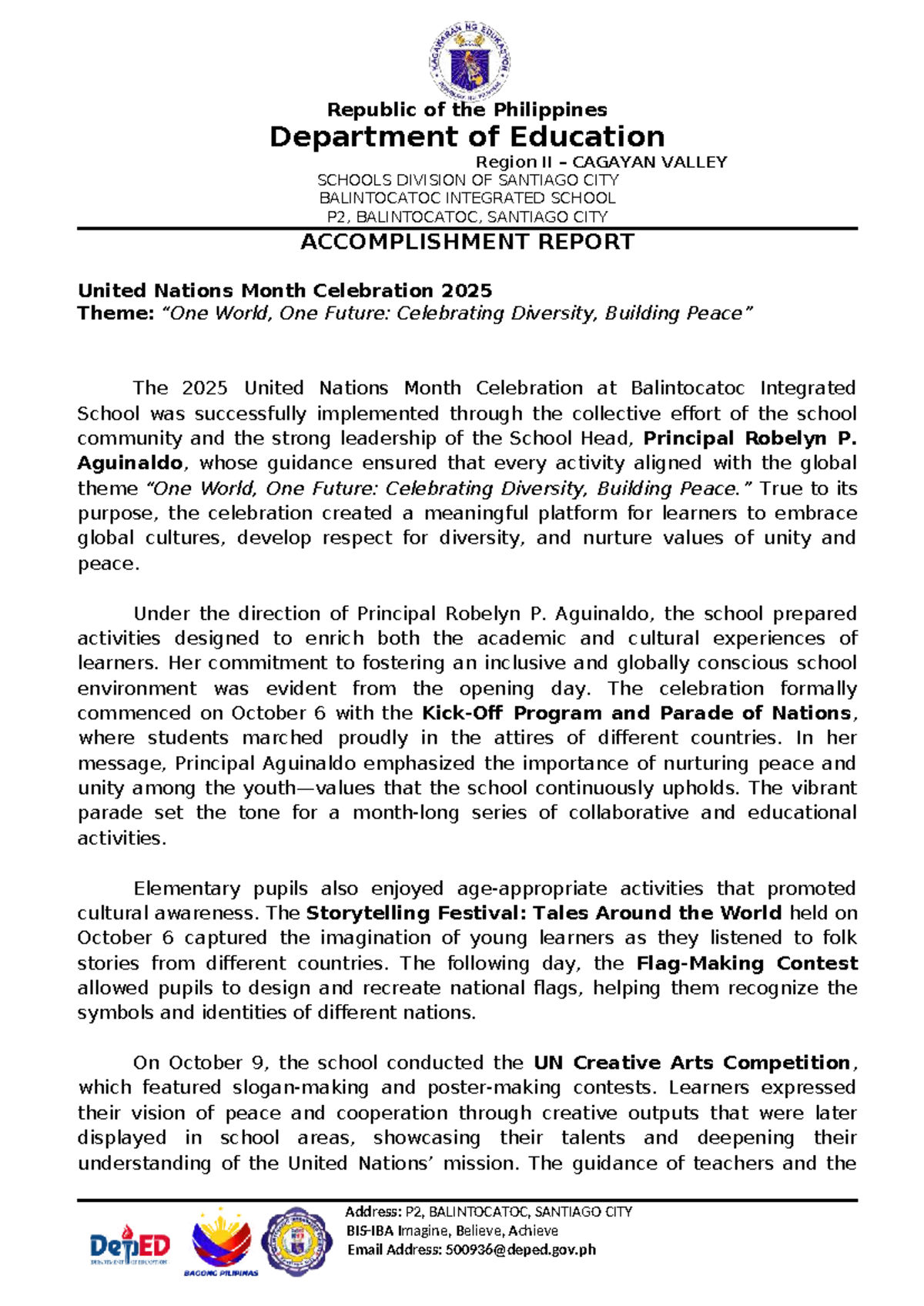 UN Month Celebration 2025 Accomplishment Report at Balintocatoc IS ...